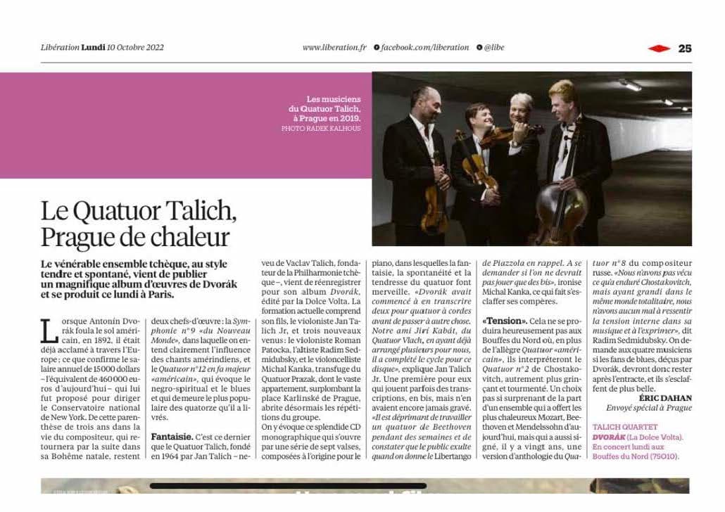 Le Quatuor Talich présente un Dvořák juvénile, tendre et raffiné, d’une ...